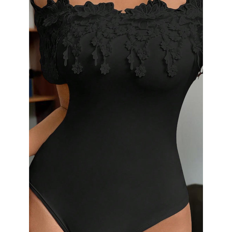 Women's Off Shoulder Short Sleeve Bodysuit Sexy Lace Bodycon Top ...